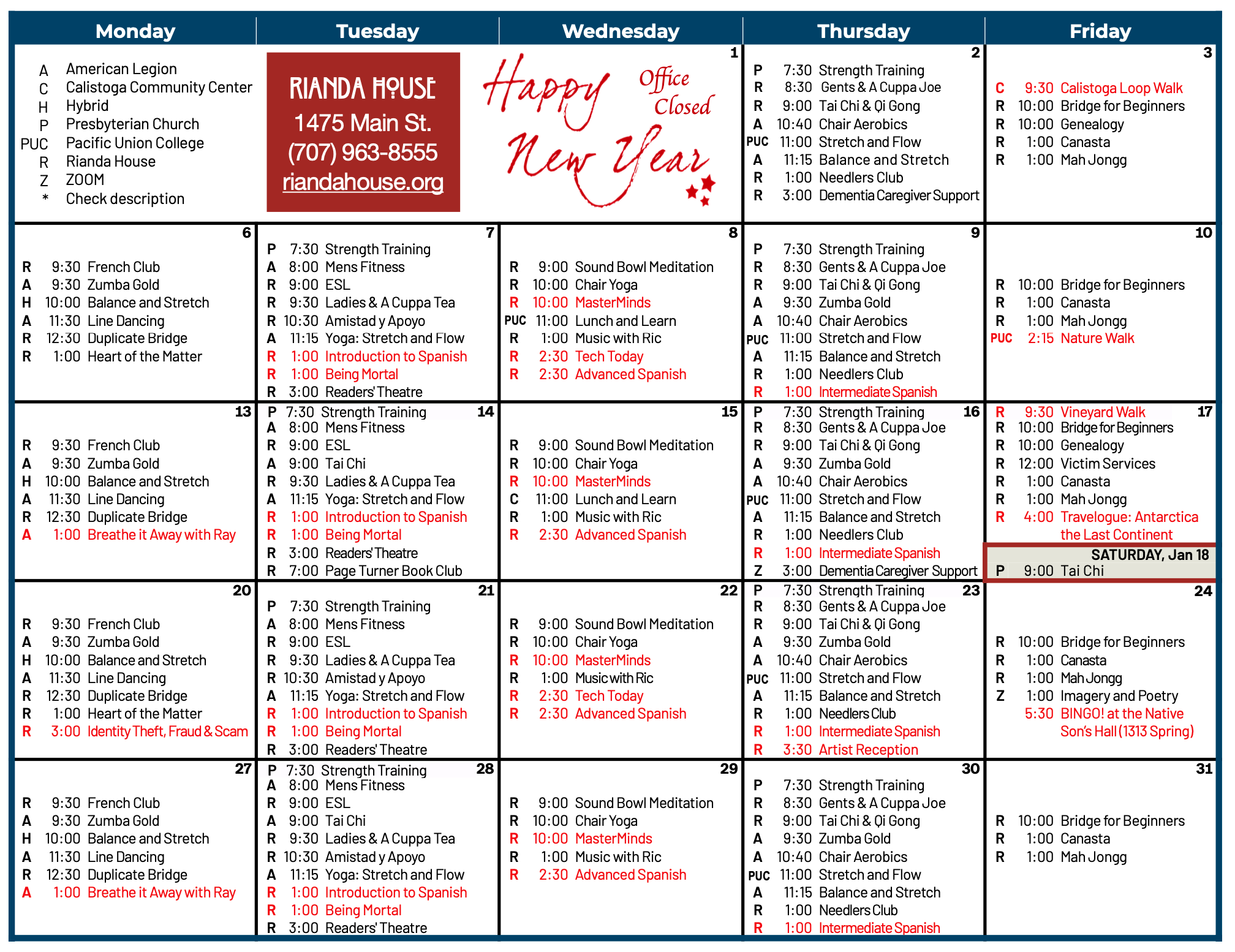 Calendar & Newsletter - Rianda House