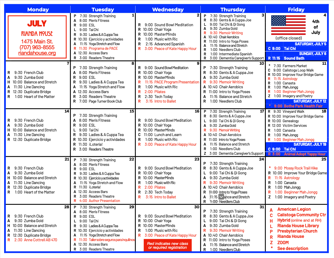 Calendar & Newsletter - Rianda House